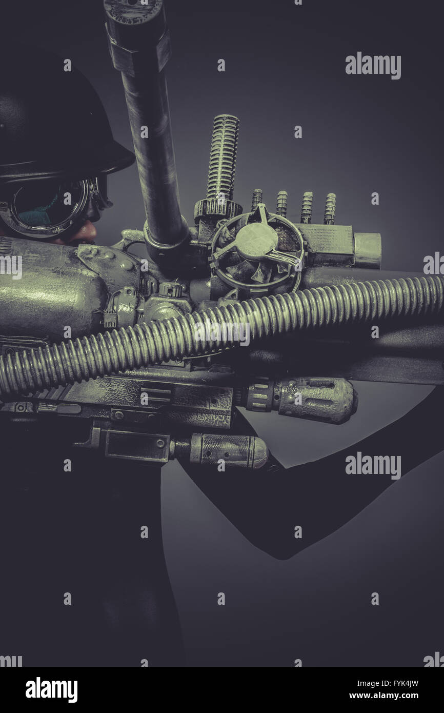 Science, Future soldier with huge weapon, sci-fi scene Stock Photo - Alamy