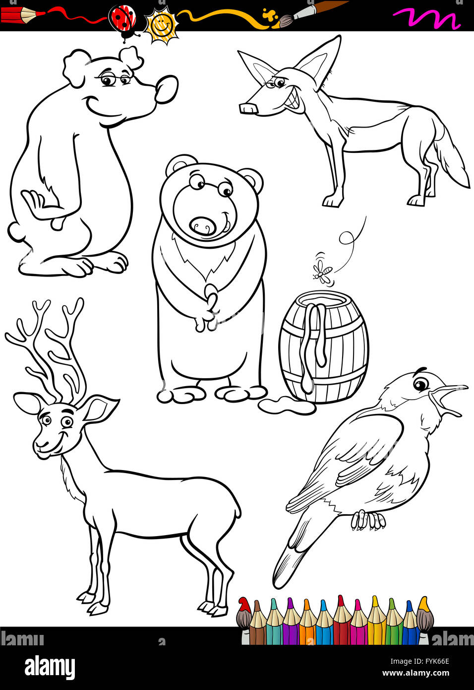 animals set cartoon coloring page Stock Photo - Alamy