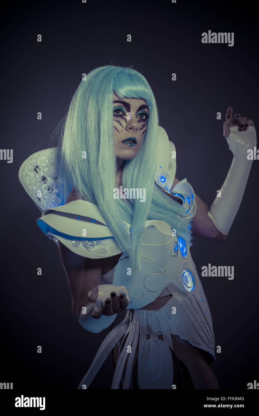 Internet, Droid woman, future robot with white armor dress Stock Photo ...