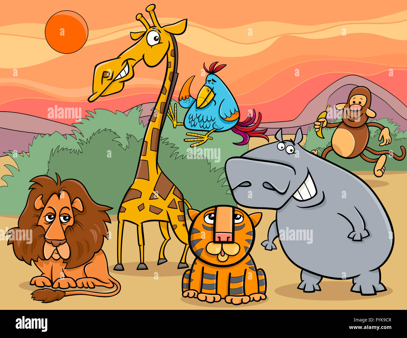 wild animals group cartoon illustration Stock Photo - Alamy