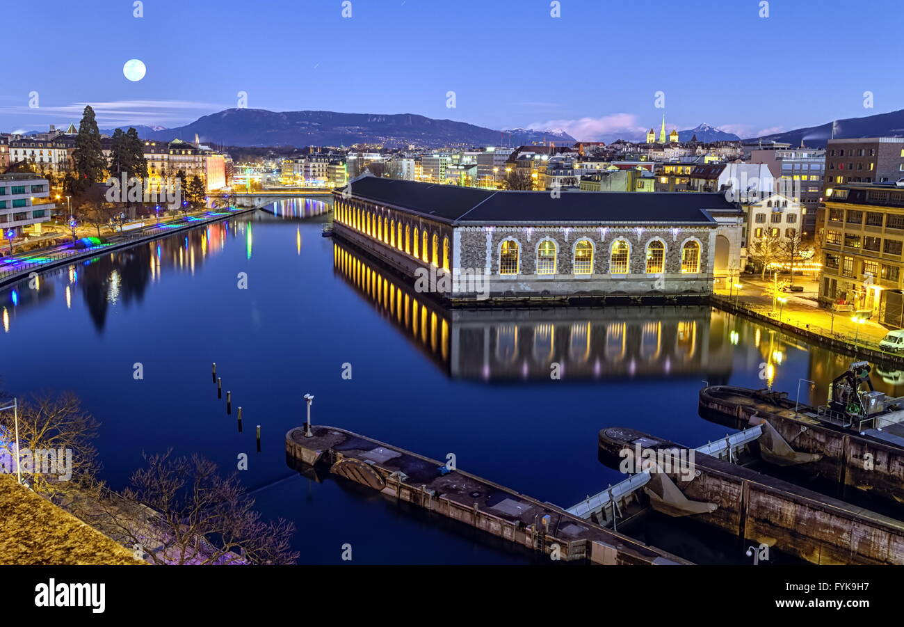 BFM, cathedral tower and Rhone river, Geneva, Switzerland, HDR Stock ...