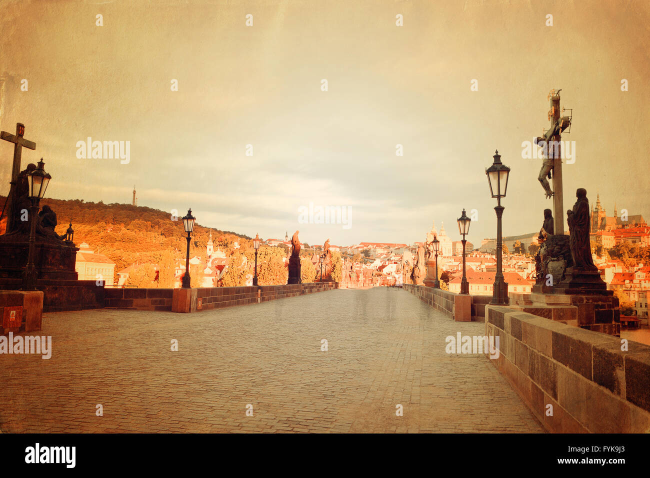 Retro style Prague view with Charles Bridge Stock Photo - Alamy