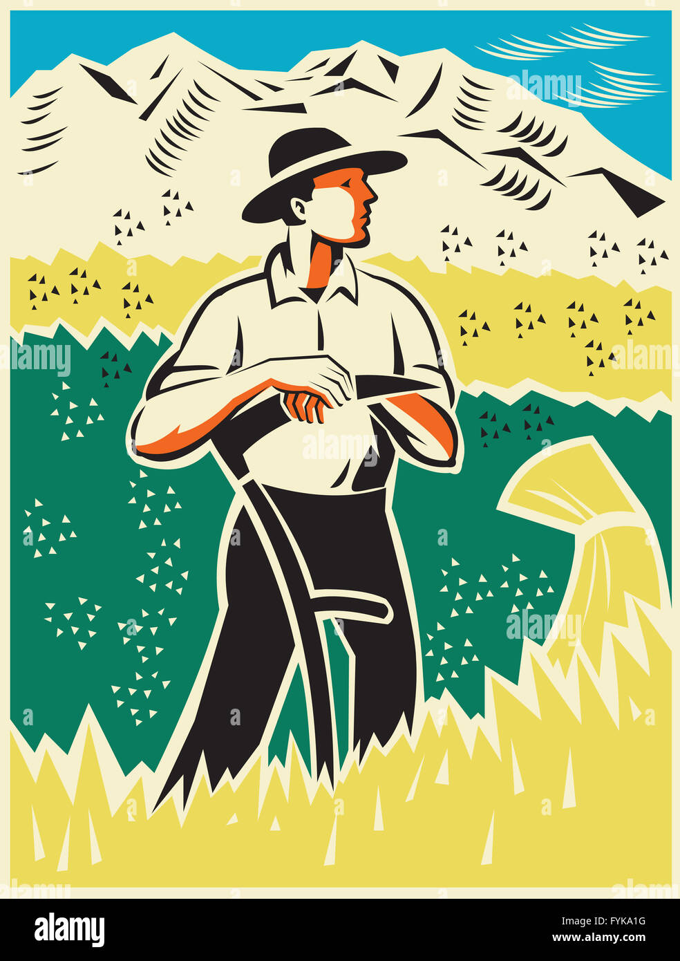 Farmer Standing With Scythe Field Woodcut Stock Photo - Alamy