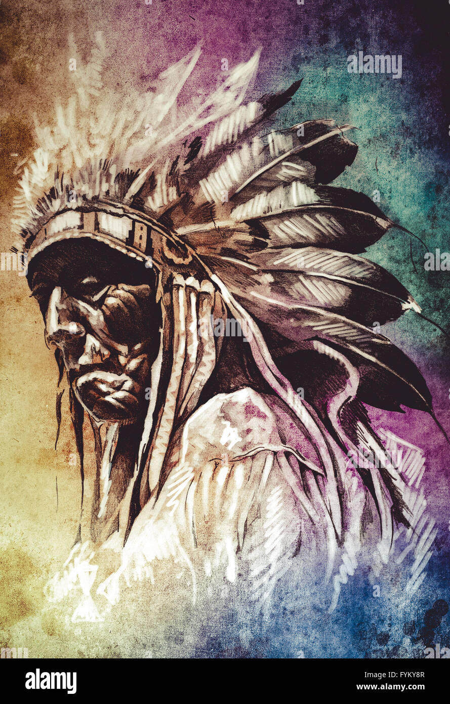 Sketch of tattoo art, indian head Stock Photo - Alamy