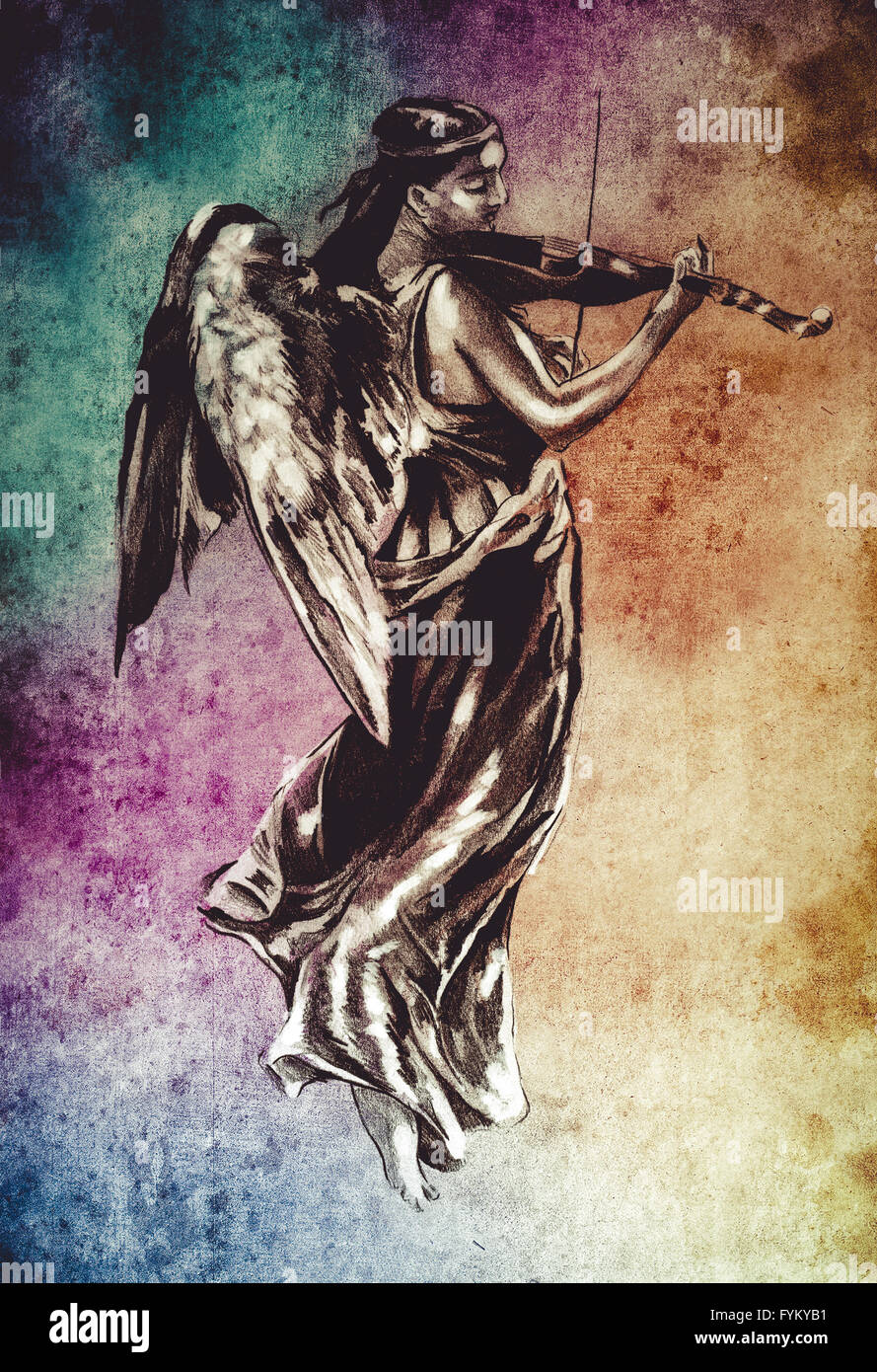 Sketch of tattoo art, angel with violin over colorful background Stock ...