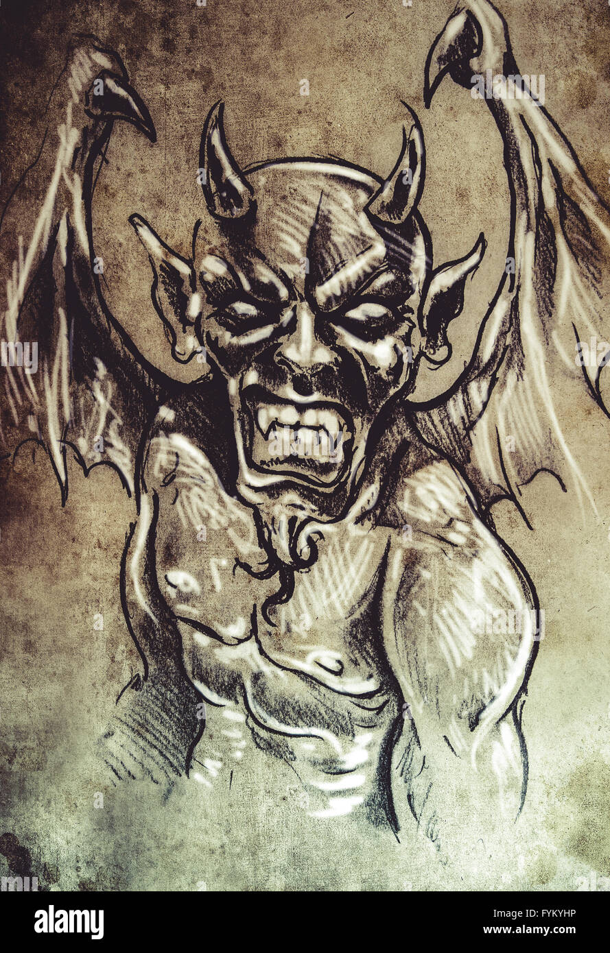 Devil, Tattoo sketch, handmade design over vintage paper Stock Photo - Alamy