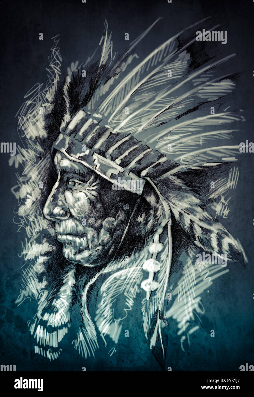 Sketch of tattoo art, native american indian head, chief, dirty ...