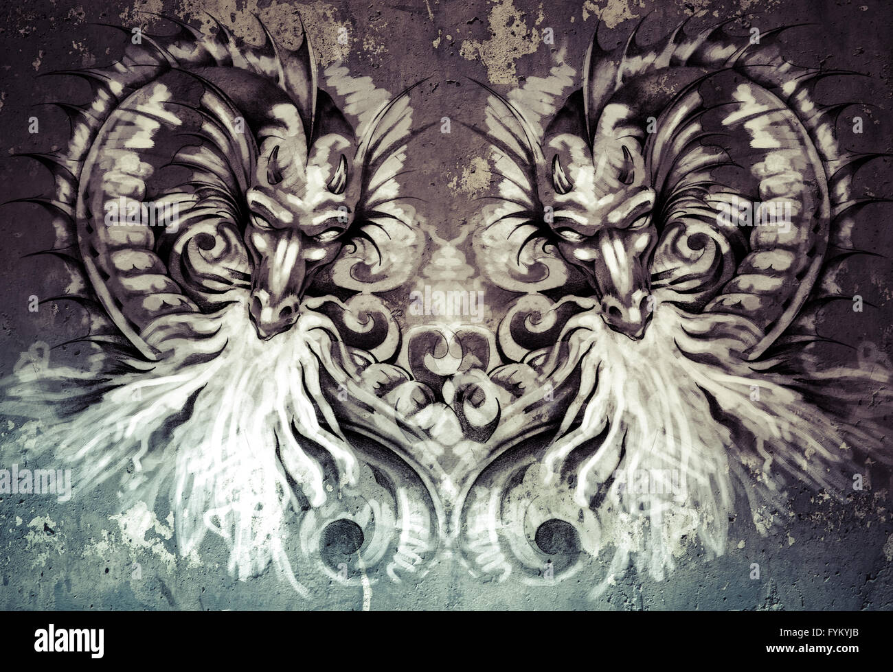 Two Dragons, tattoo illustration over grey wall Stock Photo - Alamy