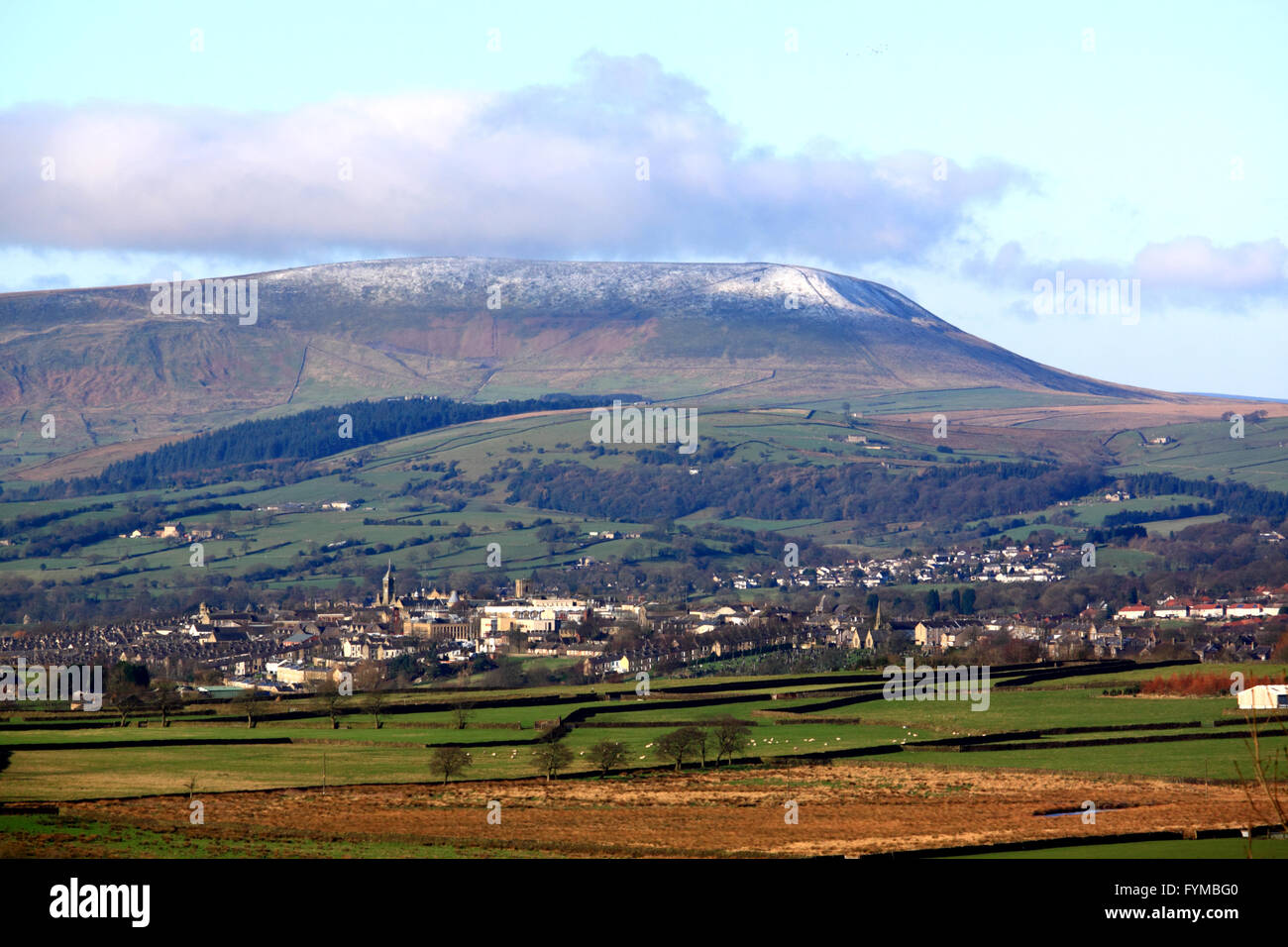 The "Big End" of Pendle Hill with a dusting of snow looks down on the ...