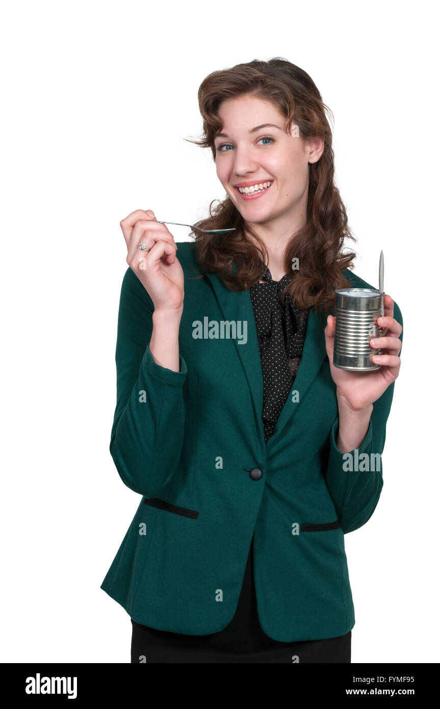 Woman eating from a can Stock Photo - Alamy