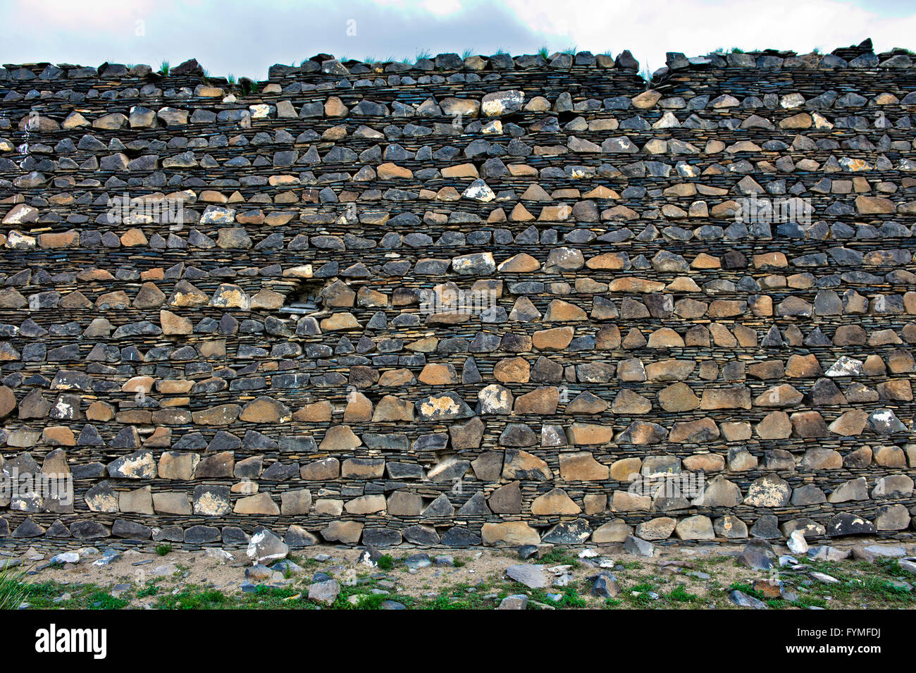Detail of a wall of stacked ground volcanic stones and shale, Kitan ...