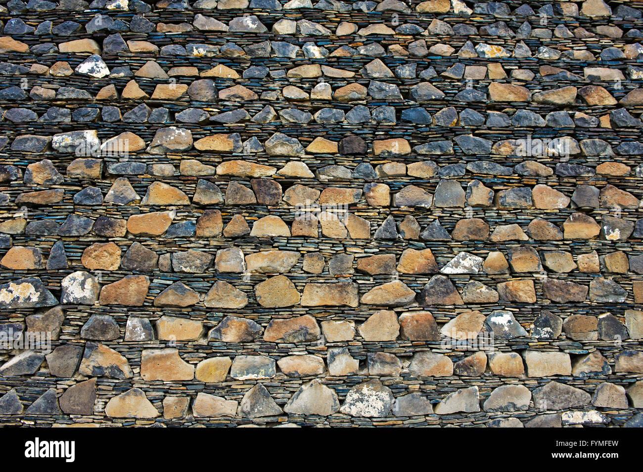 Detail of a wall of stacked ground volcanic stones and shale, Kitan ...