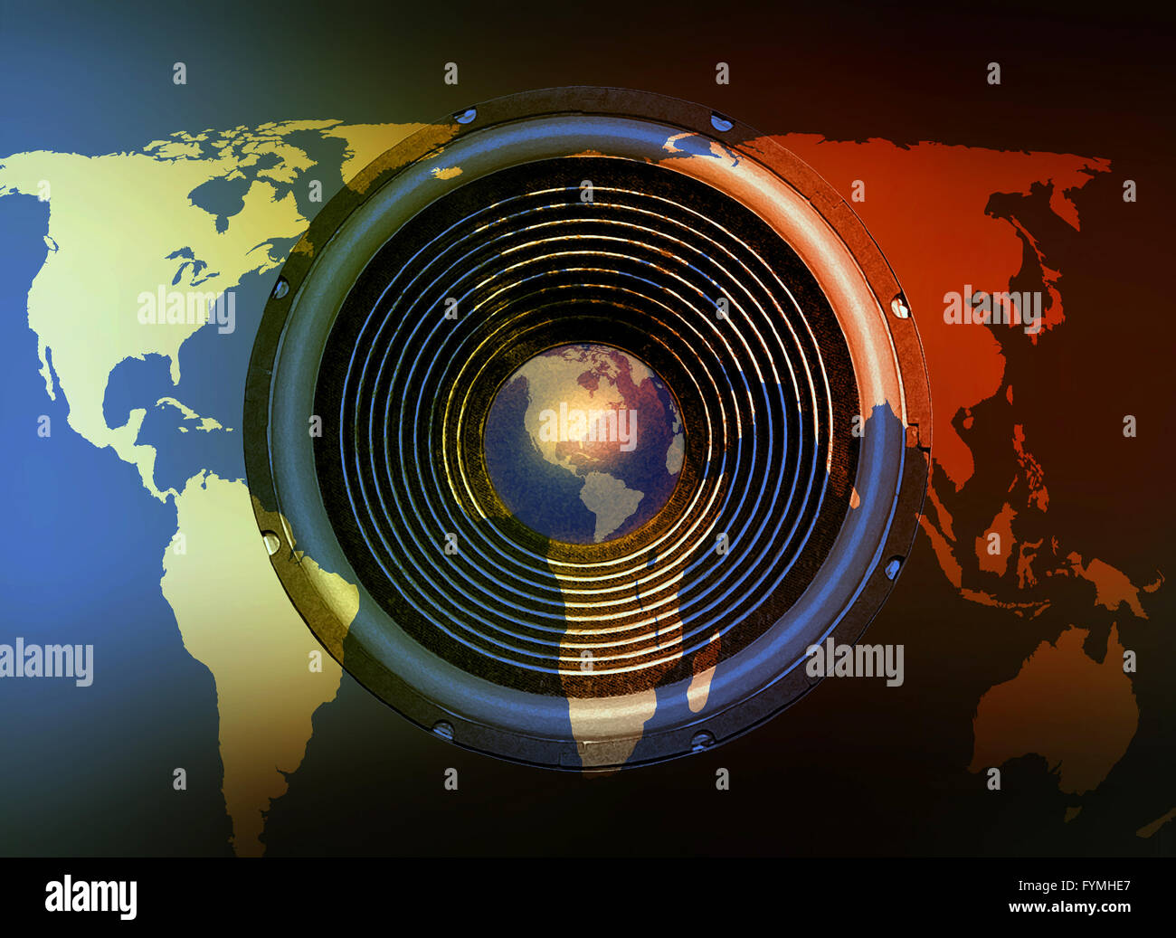 Speaker on a world map background Stock Photo - Alamy