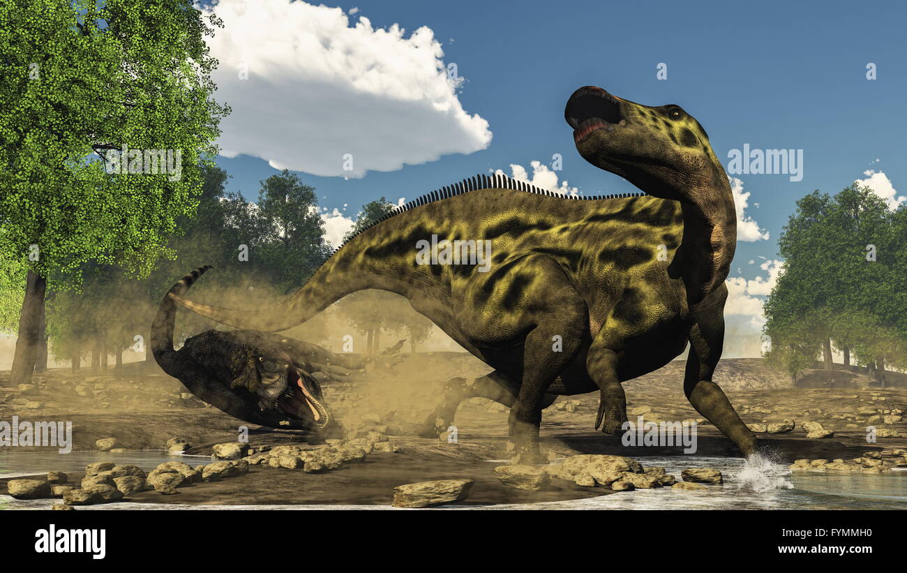 Shantungosaurus defending from tarbosaurus dinosaur attack - 3D render ...