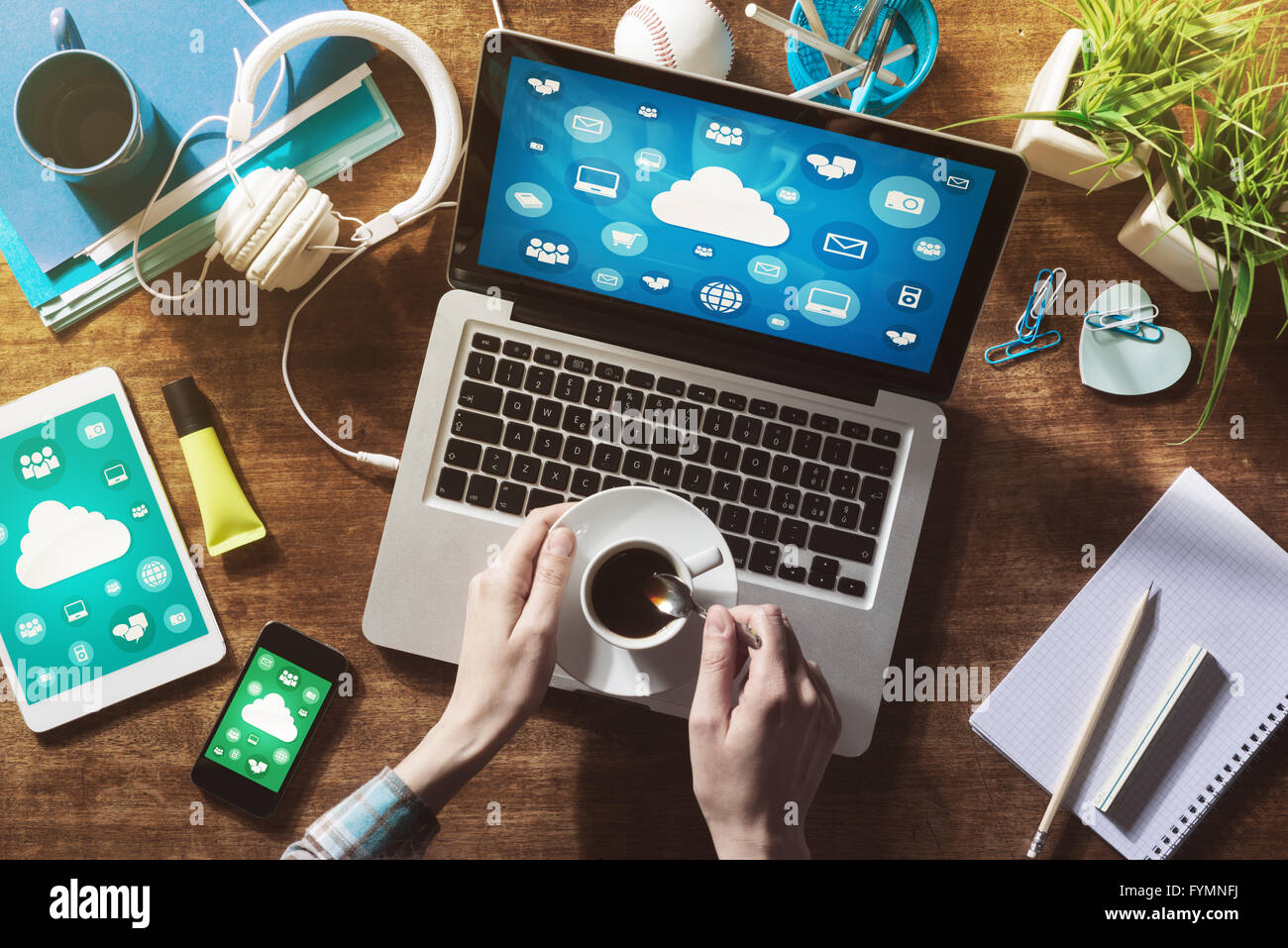 Cloud computing and social network interface on a laptop, tablet and ...