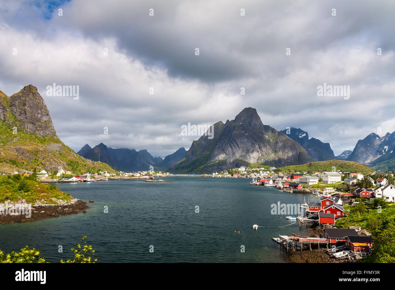 Scenic town of Reine by the fjord on Lofoten islands in Norway on sunny ...