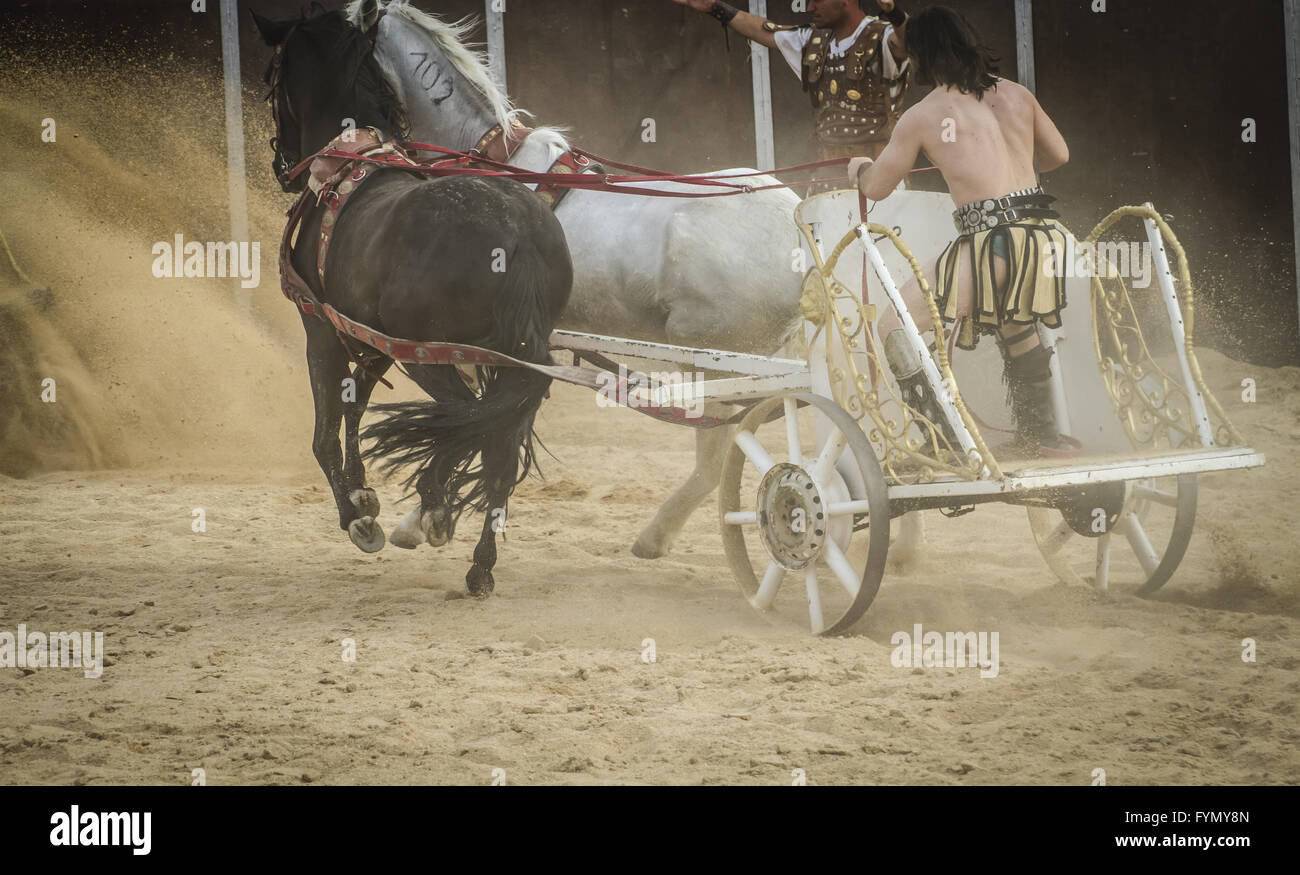 Leading, chariot race in a Roman circus, gladiators and slaves fighting ...
