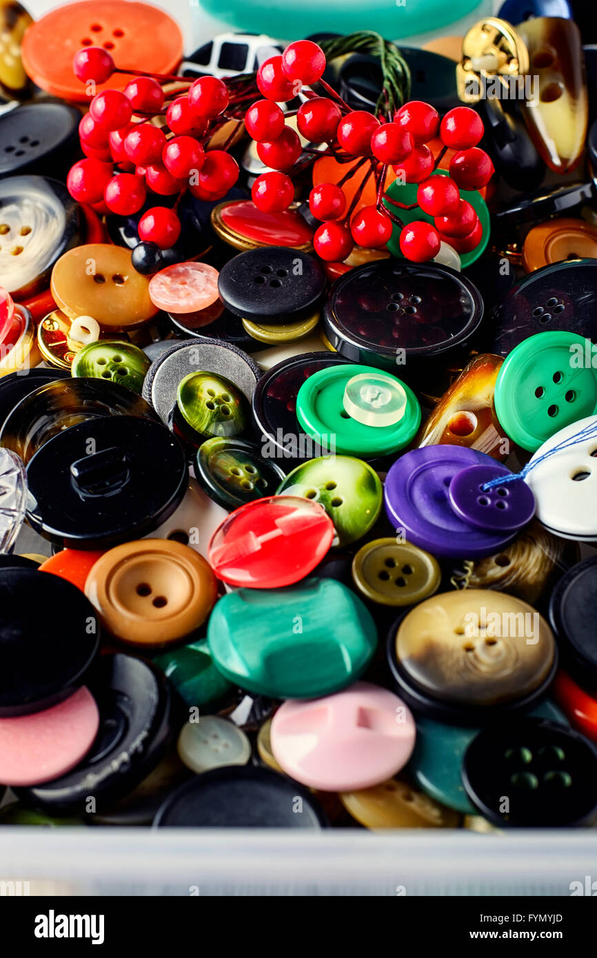 Box with a set of sewing buttons and accessories Stock Photo - Alamy