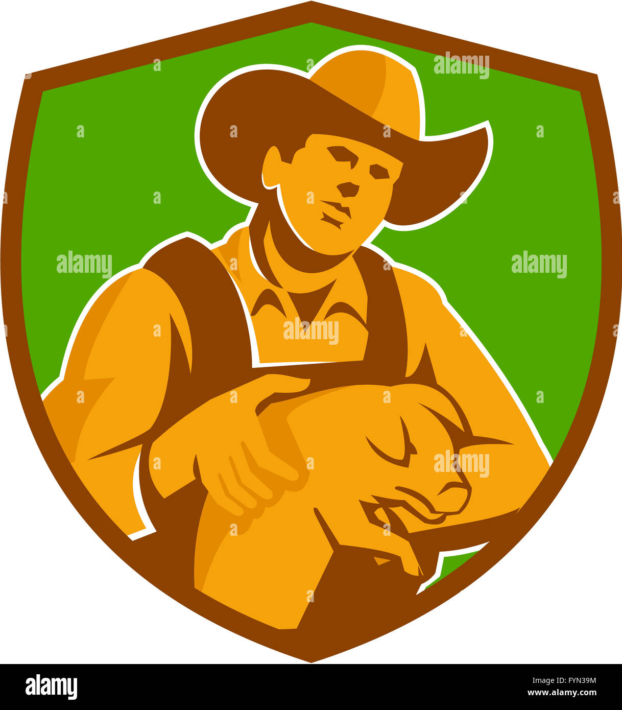 Pig Farmer Holding Piglet Front Shield Retro Stock Photo - Alamy