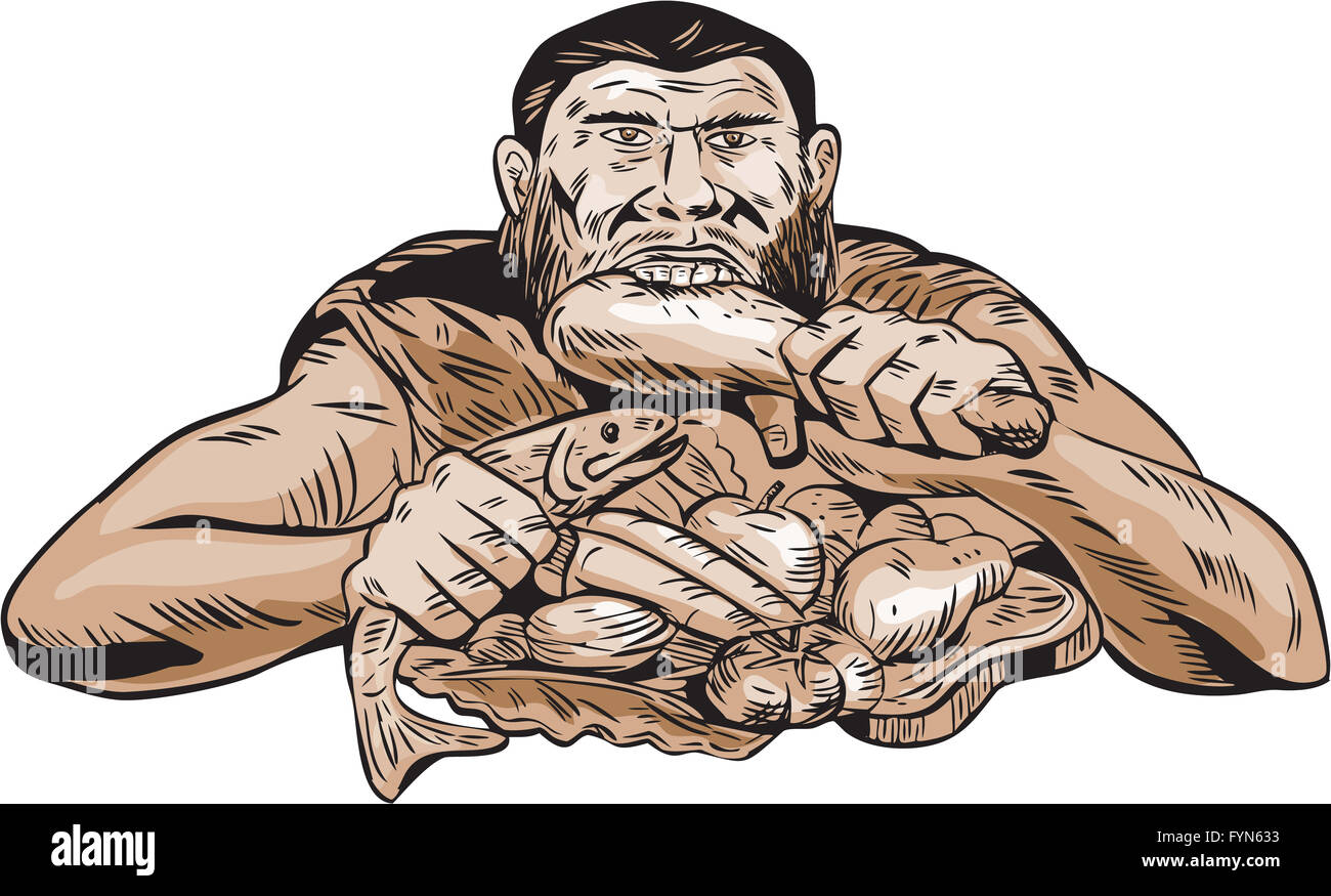 Neanderthal Man Eating Paleo Diet Etching Stock Photo - Alamy