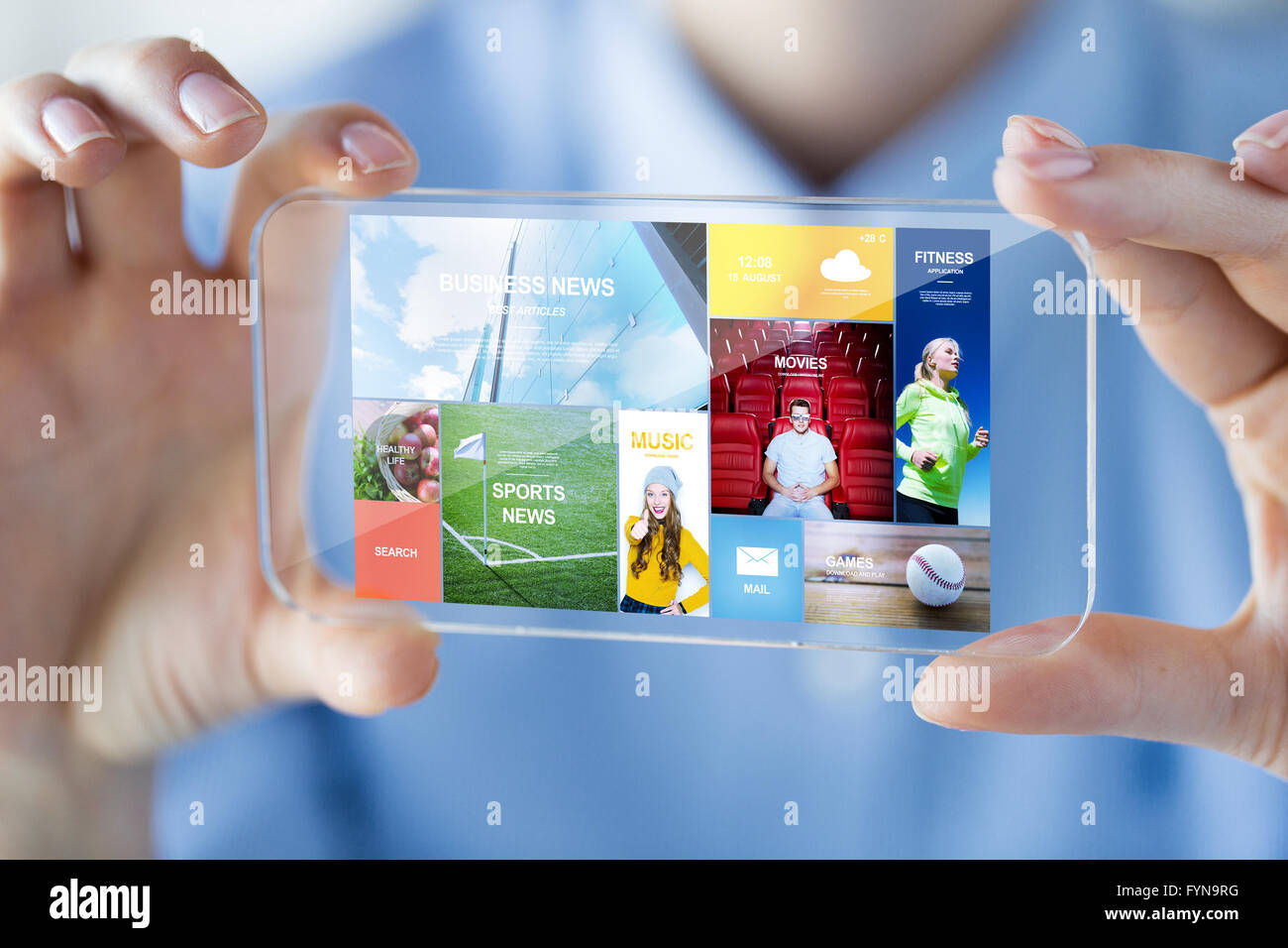 close up of woman with transparent smartphone Stock Photo - Alamy