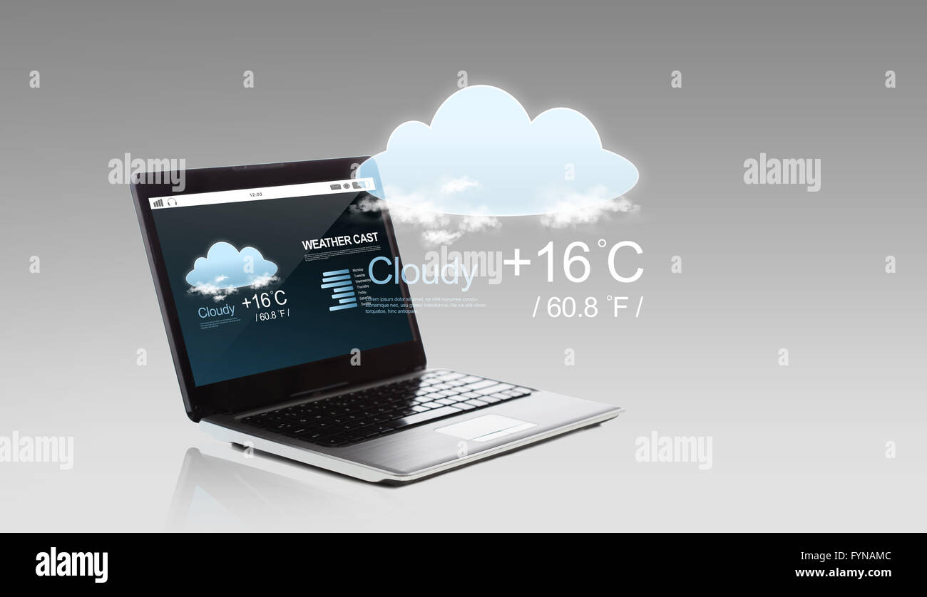 laptop computer with weather cast on screen Stock Photo - Alamy