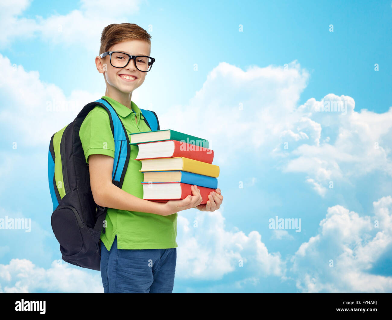 happy student boy with school bag and books Stock Photo - Alamy