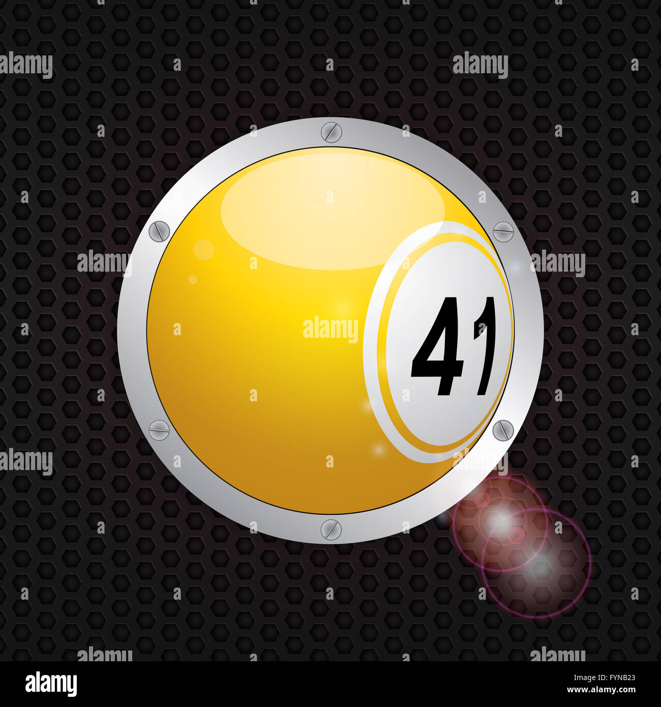 Yellow 3D Bingo Ball on Metallic Frame with Screws over Black Honeycomb ...