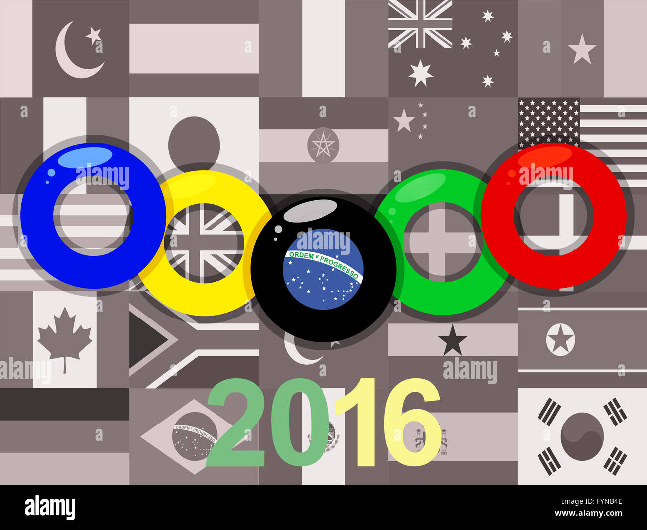 Colorful Olympics Rings Over World Flags Sepia Background with 2016 ...