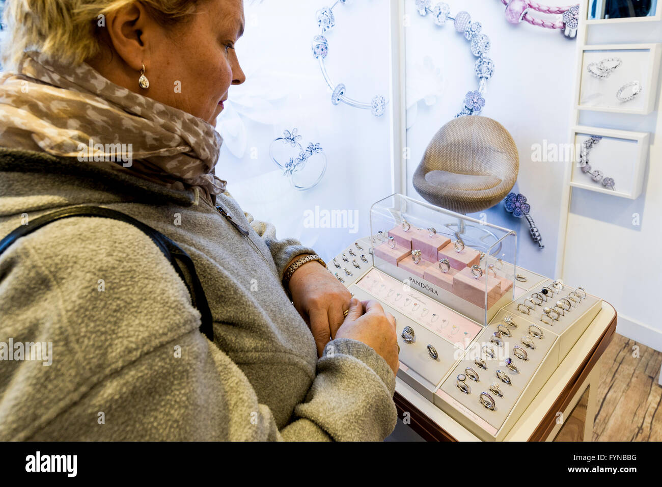 jewelery shop Pandora inside store interior female ,customer choosing ...