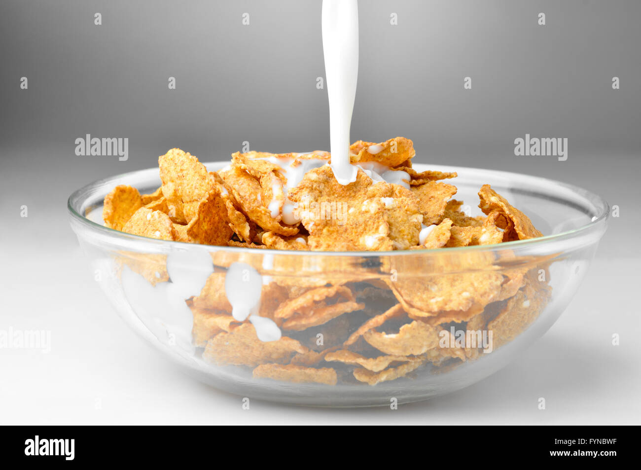 milk stream flowing to the bowl with corn flakes Stock Photo - Alamy