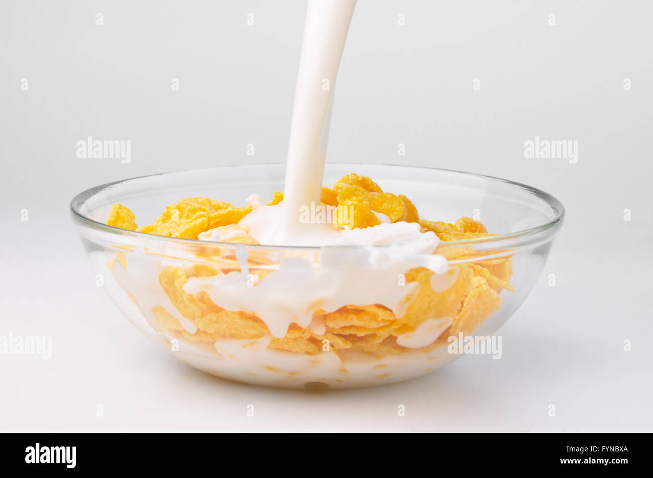milk stream flowing to the bowl with corn flakes Stock Photo - Alamy