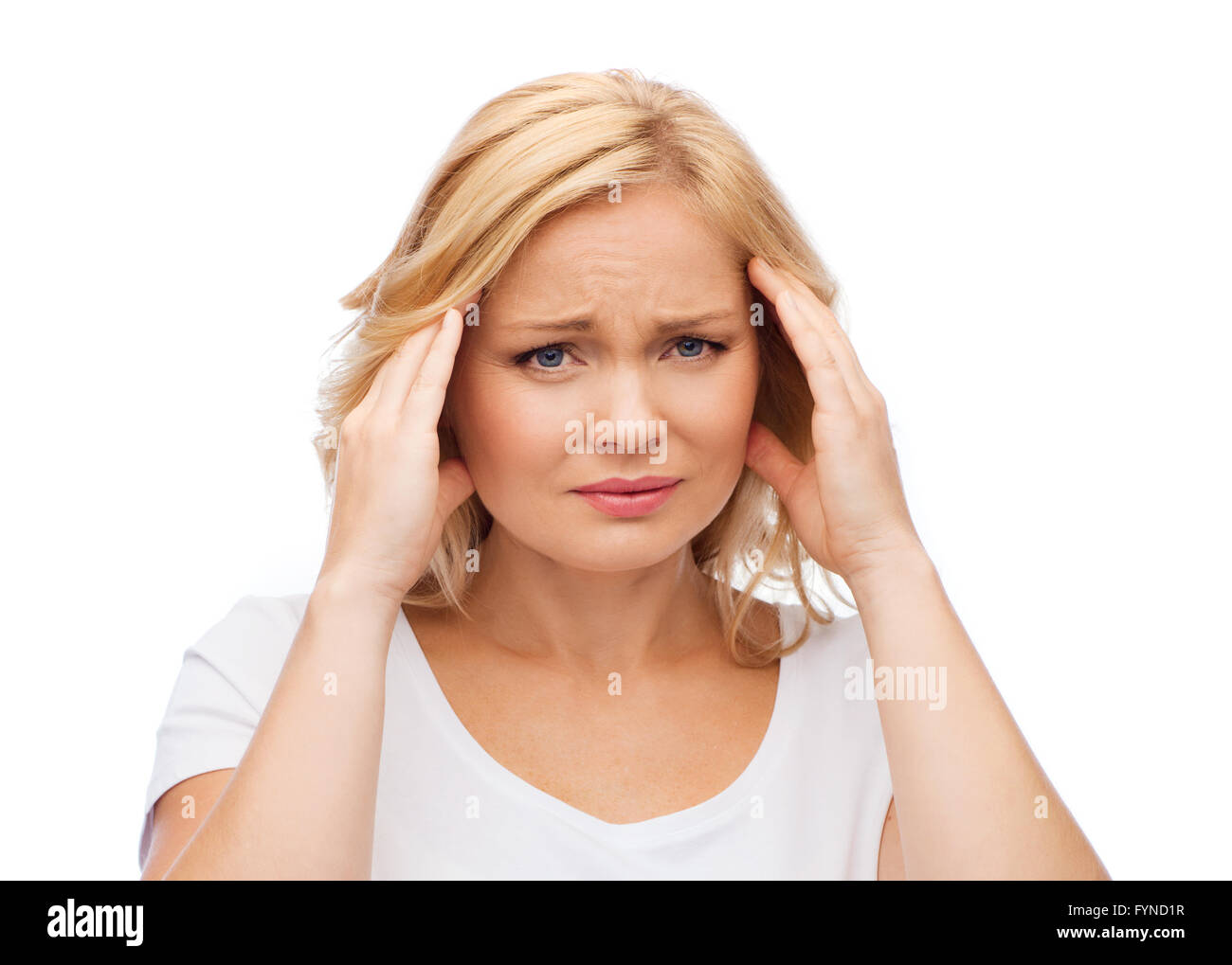 A woman with a bad headache or migraine. Isolated on white Stock Photo ...