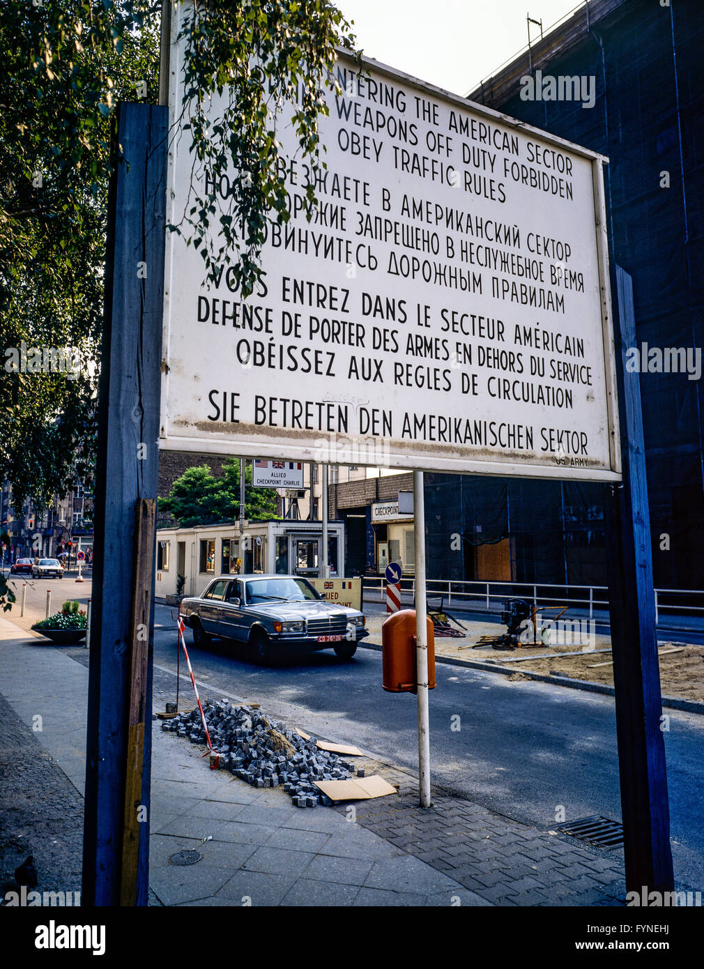August 1986, entering American sector warning sign at Allied Checkpoint ...