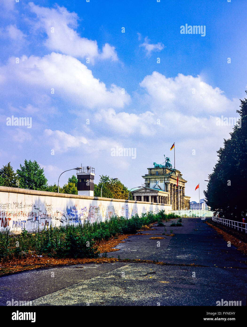 August 1986, Berlin Wall and East-Berlin watchtower beside Brandenburg ...