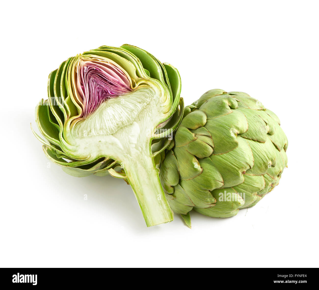 Whole and halved fresh artichoke cut through lengthwise to show the ...
