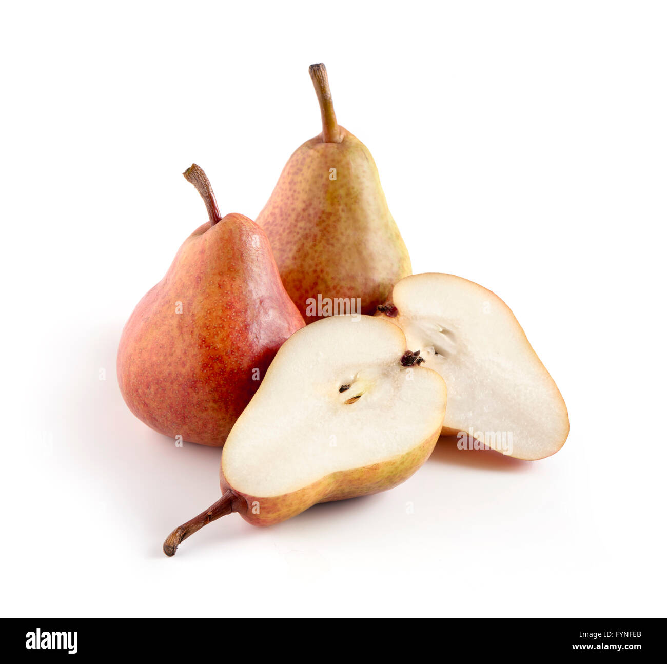 Whole and Split Ripe Pears with Red Skin and Long Stems on White ...
