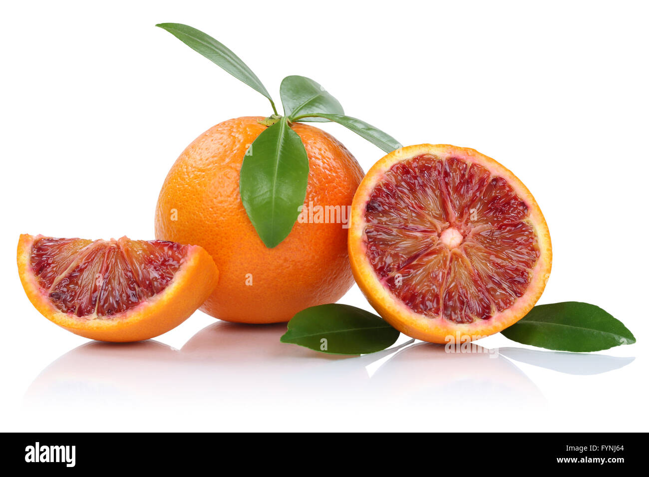 Blood orange fruit oranges slice slices with leaves isolated on a white ...