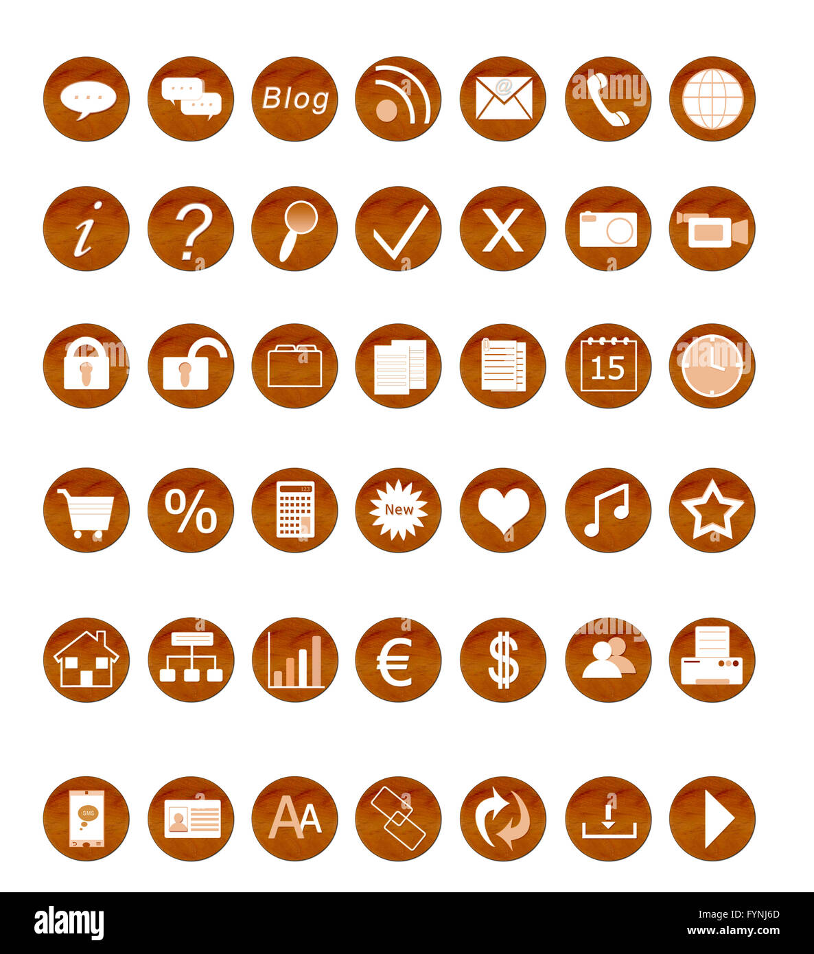 Set of icons for the web in wood texture Stock Photo - Alamy