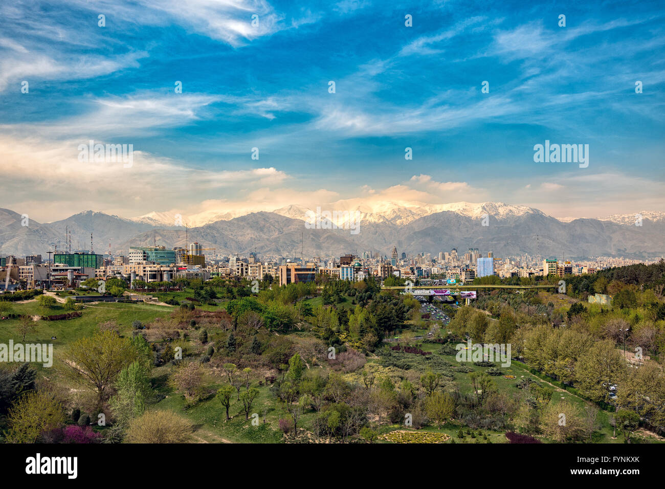 Skyline view of Tehran, Iran, and the Alborz Mountains from the Tabiat ...