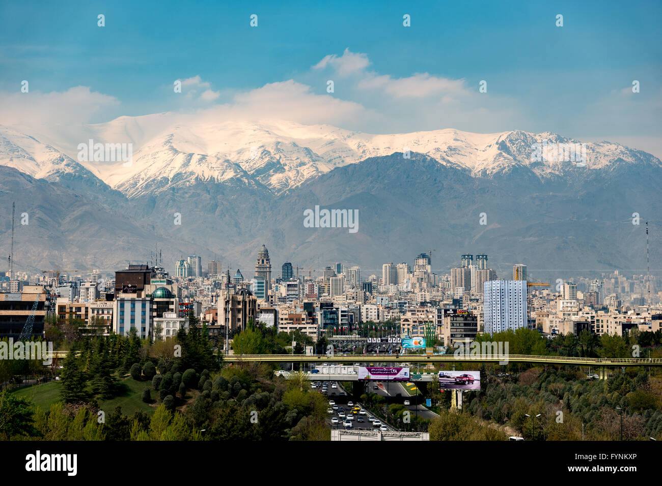 Skyline view of Tehran, Iran, and the Alborz Mountains from the Tabiat ...