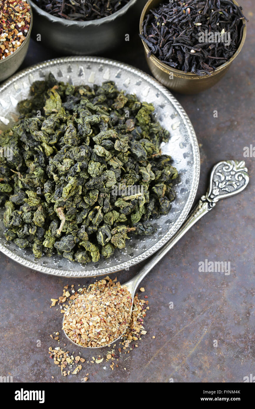 different varieties of dry tea (black, white, green Stock Photo - Alamy