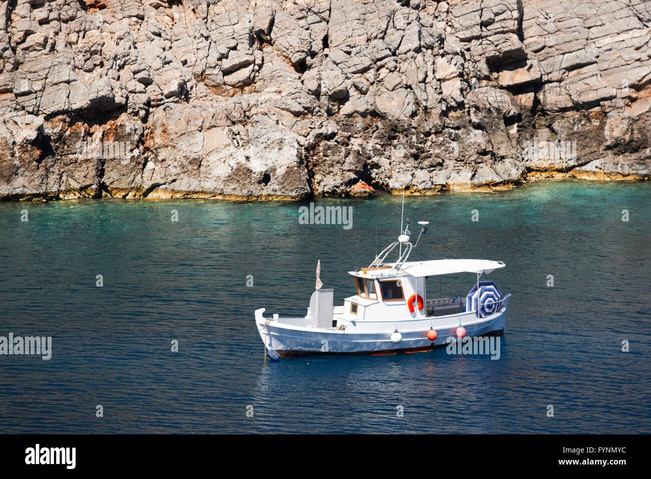 Boat in Sostis Bay. Cretan beach. Mediterranean landscape. Greece Stock ...