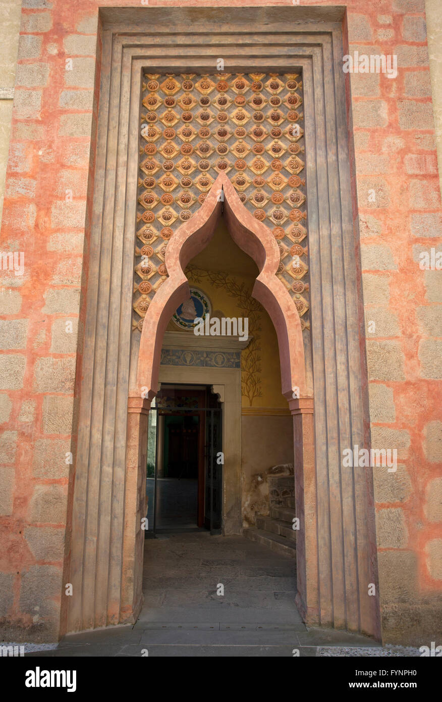 Arabesque Moorish style arch in the Rocchetta Mattei castle fortress ...
