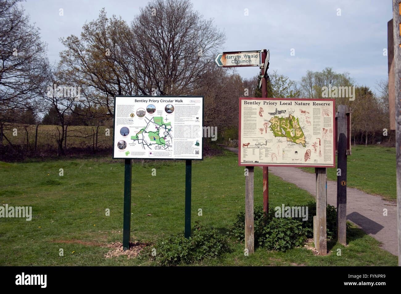 Sign posts with maps of the area in nature reserve Bentley Priory Stock ...