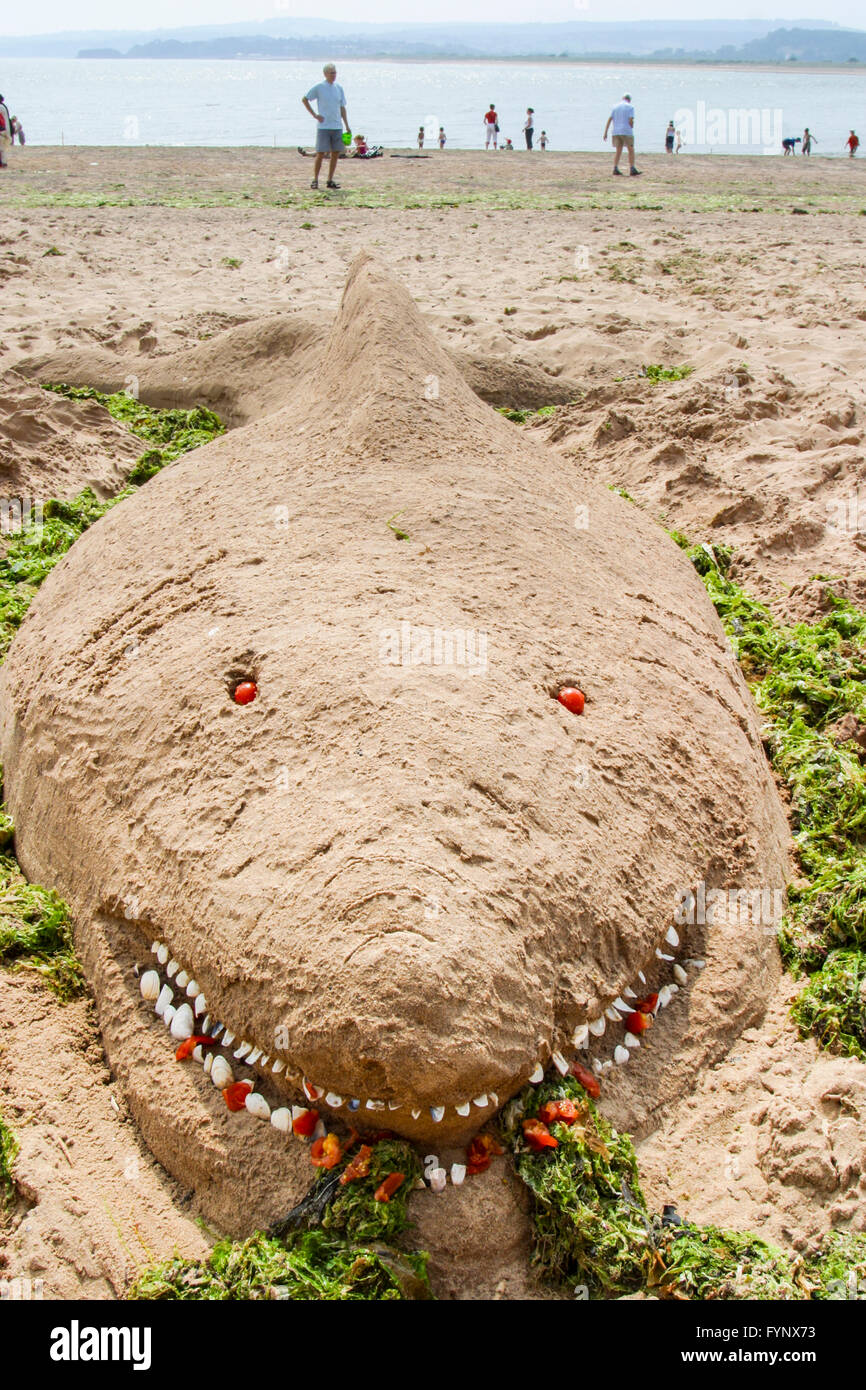 Sand sculpture of a shark on the beach at Exmouth, Devon, England Stock ...