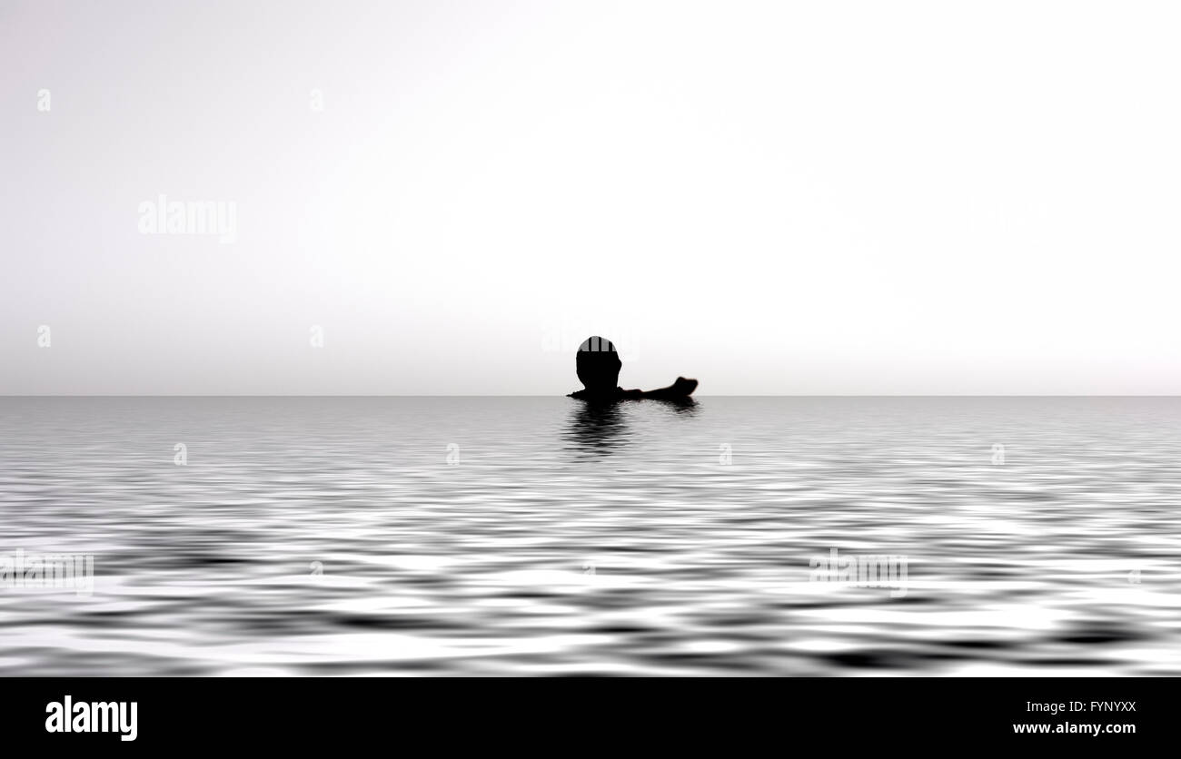 A toddler boy drowning in a digitally created pool of water reaching ...