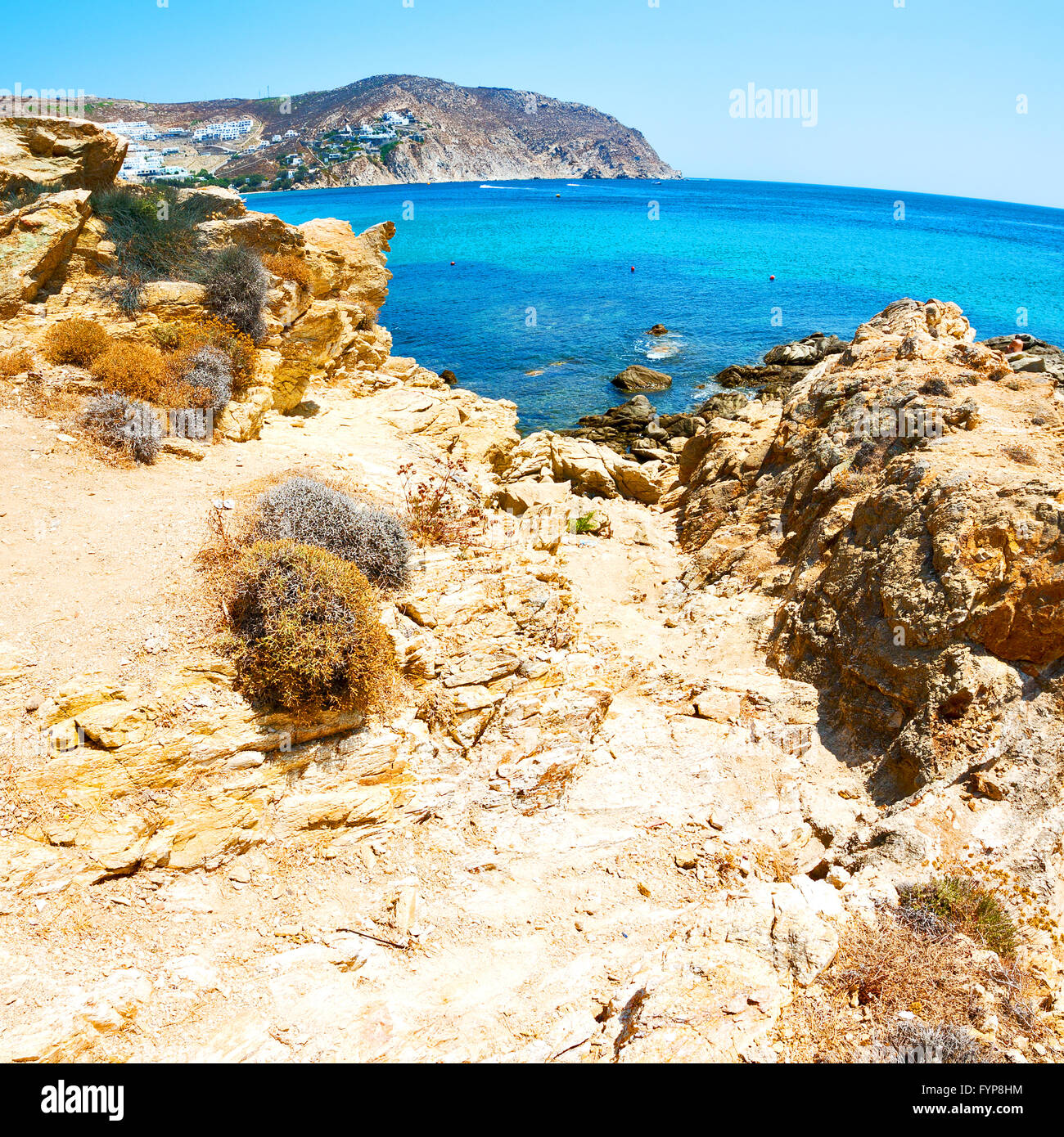 in greece the mykonos island rock sea and beach blue sky Stock Photo ...