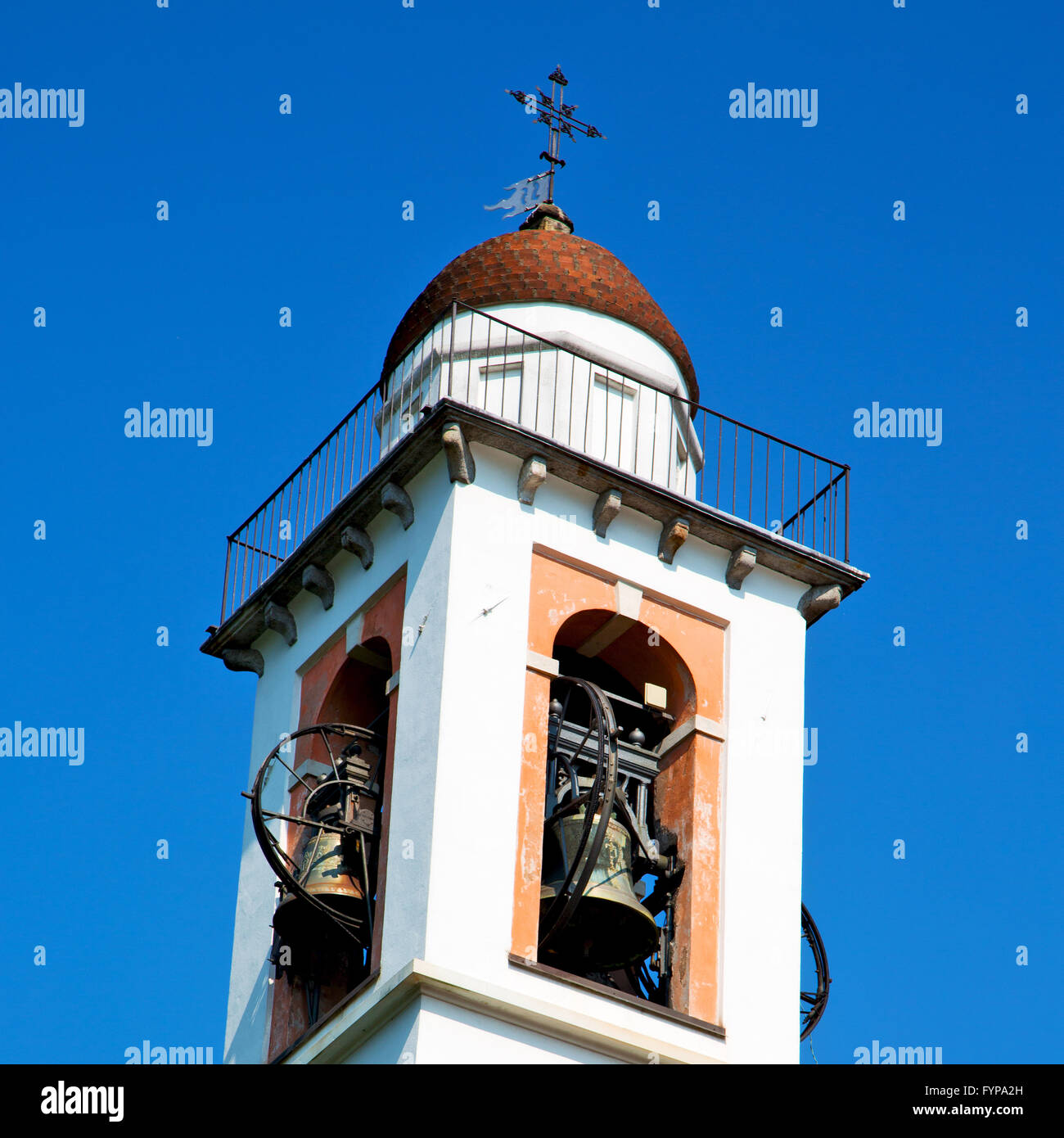 ancien clock tower in italy europe old stone and bell Stock Photo - Alamy