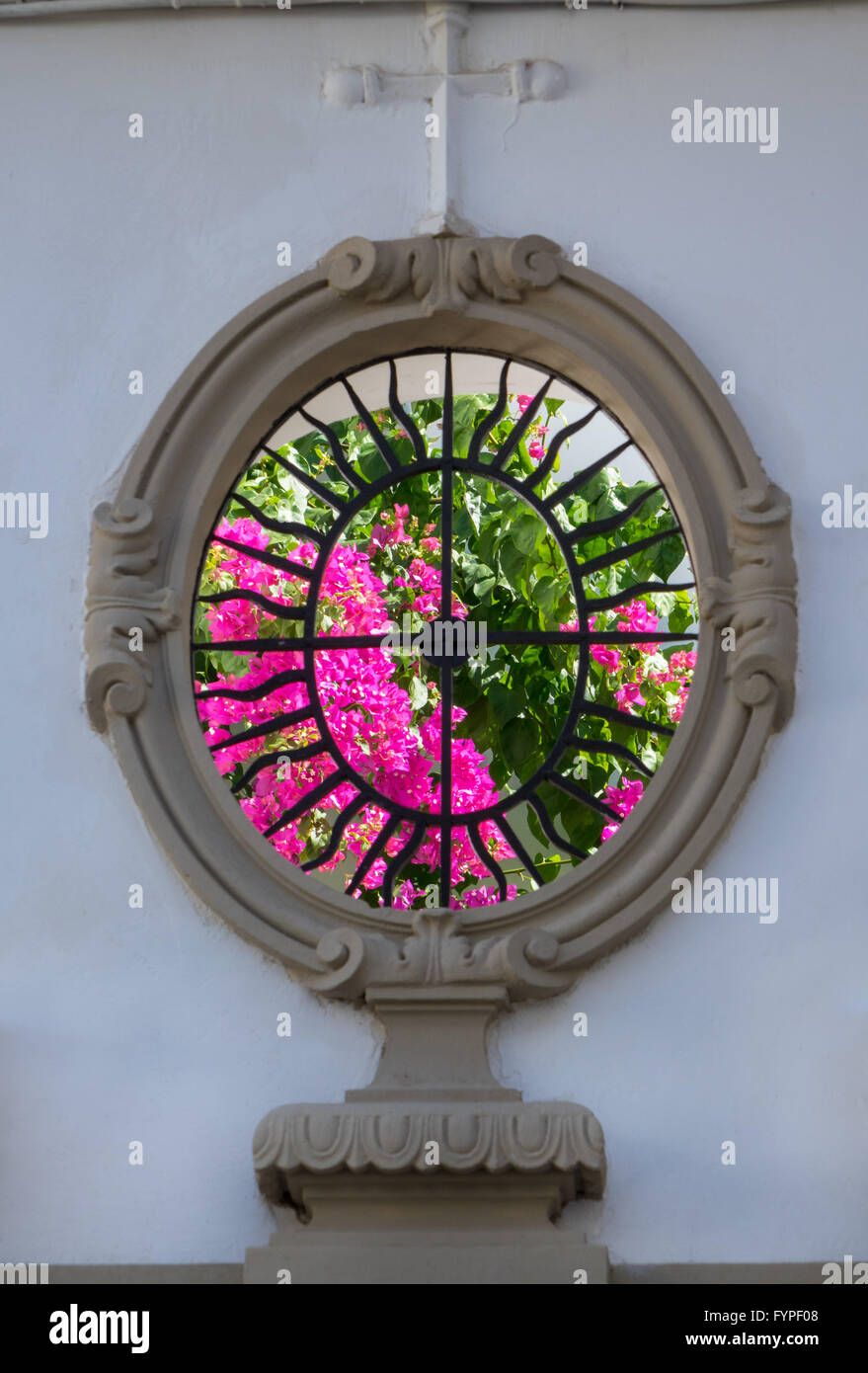 Secret garden behind carved window in Cordoba Stock Photo - Alamy